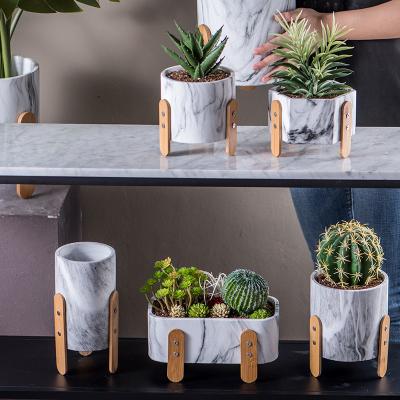 China Marble Pots Concrete Planters with Bamboo Stands Tabletop Plant Pots Succulents Pots Mini Pots for sale