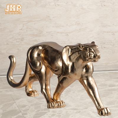 China Animal Decor Resin Leopard Statue Polyresin Animal Figurines Fiberglass Gold Leaf Finish for sale