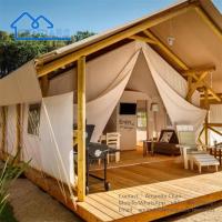 China Beige Luxury Safari Camping Tent 5x7m Glamping Canvas Tent with Wooden Frame for sale