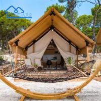 China Beige Luxury Safari Camping Tent 5x7m Glamping Canvas Tent with Wooden Frame for sale