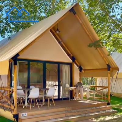 China Beige Luxury Safari Camping Tent 5x7m Glamping Canvas Tent with Wooden Frame for sale