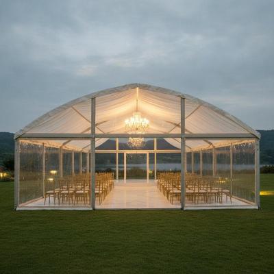 China Luxury Wedding Reception Party Marquee Tent Tempered Glass Wall Champagne Gold Frame Elegant Event Canopy Structure for sale