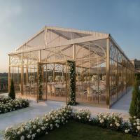 China Luxury Wedding Reception Party Marquee Tent Tempered Glass Wall Champagne Gold Frame Elegant European Venue Canopy Structure for sale