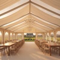 China Luxury Vineyard Wedding Marquee Tent Aluminium Frame Ivory Liner Chandelier French Chateau Reception Venue for sale