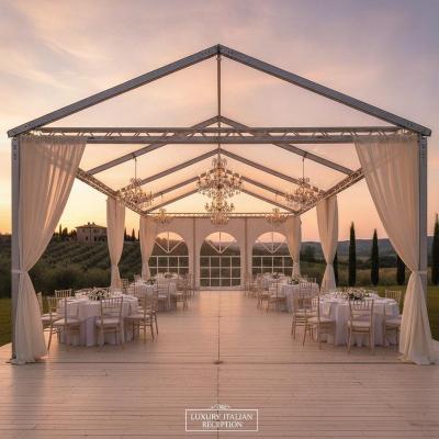 China Luxury Italian Wedding Marquee Tent Aluminium Frame Ivory Draping Chandelier Tuscany Countryside Reception Venue for sale