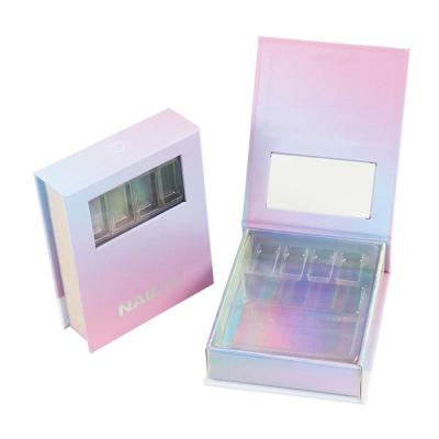 China Magnetic clamshell gift box Cosmetic Nail Art box Custom printed holographic effect box with transparent window box for sale