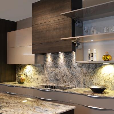 China Modern L-Shaped Kitchen Cabinet Set 18mm HMR Particle Board with Granite Benchtop and LED Light for sale
