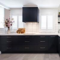 China Matte Black PVC Kitchen Cabinet U Shape with Island 18mm HMR Core Sintered Stone Benchtop for sale