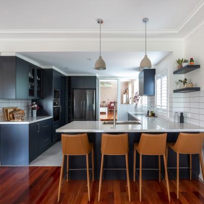 China Matte Black PVC Kitchen Cabinet U Shape with Island 18mm HMR Core Sintered Stone Benchtop for sale
