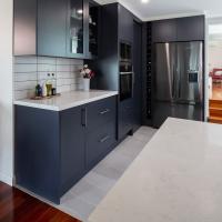 China Matte Black PVC Kitchen Cabinet U Shape with Island 18mm HMR Core Sintered Stone Benchtop for sale