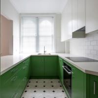 China Melamine White Green Kitchen Cabinet 18mm MDF Wood Grain Matched Custom U Shape for sale
