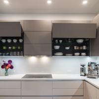 China Light Grey Modern Kitchen Cabinet Dining Room Pre Made Lacquer Handless Kitchen Cabinet for sale