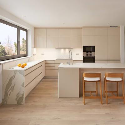 China Acrylic Modern Kitchen Display Cabinets Custom Smart Luxury Glossy Beige Island Modular for sale