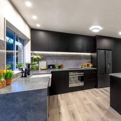 China Simple L Shaped Kitchen Units Luxury Modular Dark Black Solid Wood Kitchen Cupboard Set for sale