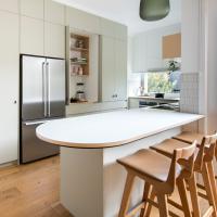 China Light Green Melamine Kitchen Cabinet Handless Kitchen Cabinet for sale
