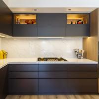 China Wooden Grain Melamine Kitchen Cabinet  Modern Kitchen Island for sale