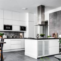 China Modular Custom Pale White Lacquer Kitchen Cabinets 18mm Particle Board 20mm Quartz for sale
