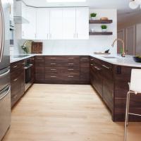 China Shaker Style Particle Board Kitchen Cabinets High Gloss White Flat Panel Matte Brown Timber Veneer for sale