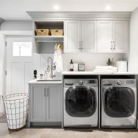 China Custom Laundry Room Storage Cabinet With Sink Light Gray Shaker Modern Bathroom Vanity for sale
