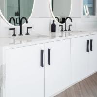 China Double Sink Waterproof Bathroom Vanity Units Modern Wood Matte White Plain Lacquer for sale