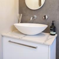 China Mini Wooden White Plain Melamine Bathroom Vanity Units Cabinets Wall Mounted Set Marble for sale