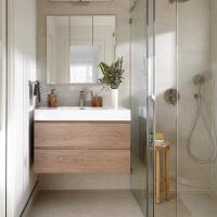 China Single Sink Wood Grain Bathroom Vanity Wall Mounted Surface Handless Cabinet Light for sale