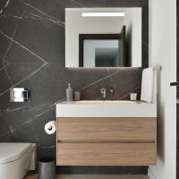 China Single Sink Wood Grain Bathroom Vanity Wall Mounted Surface Handless Cabinet Light for sale