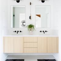 China Single Sink Wood Grain Bathroom Vanity Wall Mounted Surface Handless Cabinet Light for sale