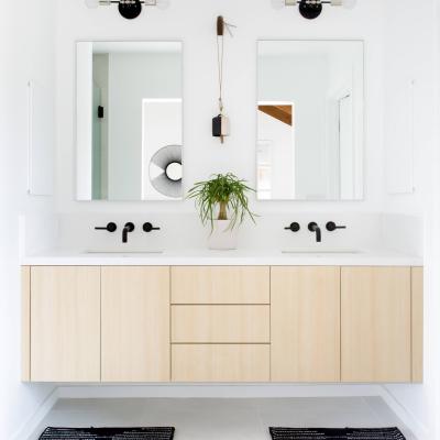 China Single Sink Wood Grain Bathroom Vanity Wall Mounted Surface Handless Cabinet Light for sale