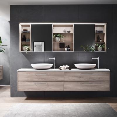 China Japanese Style Melamine Bathroom Vanity Cabinet 18mm MDF Wood Texture Wall Mounted for sale