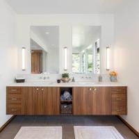 China Modern Luxury Bathroom Vanity Set with Sink 18mm Particle Board 15mm Quartz Countertop for sale