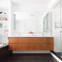 China Solid Wood Bathroom Vanity Units With Sink Modern Brown Wood Grain Handless for sale