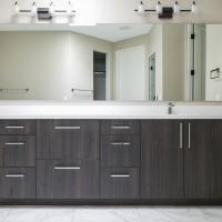 China Melamine Bathroom Vanity Units Cabinet Modern Dark Grey Wood Texture for sale