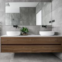 China Wall Mounted Melamine Bathroom Vanity Cabinet 18mm MDF Handless Modern Dark Wooden for sale