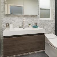 China Wall Mounted Melamine Bathroom Vanity Cabinet 18mm MDF Handless Modern Dark Wooden for sale