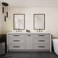 China Light Grey Shaker 72 Inch Double Mirror Floor Mounted Wooden Lacquer Bathroom Vanity for sale
