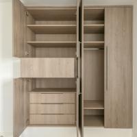 China Wood Grain Melamine Swing Door Wardrobe 600mm Wide Fitted Mirrored Stainless Steel Handles for sale