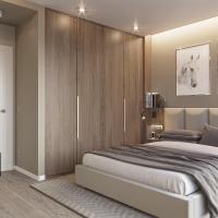 China Modern I Shaped Wood Veneer Wardrobe with LED Light 600mm Depth Luxury Bedroom Closet for sale