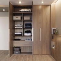 China Modern I Shaped Wood Veneer Wardrobe with LED Light 600mm Depth Luxury Bedroom Closet for sale