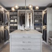 China Custom Beige Grey Melamine Walk In Closet with Glass Door 600mm Depth 2200mm Height for sale