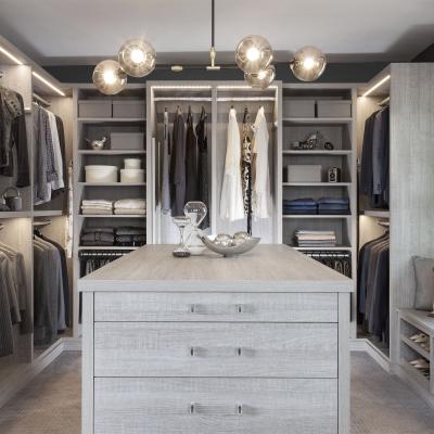 China Custom Beige Grey Melamine Walk In Closet with Glass Door 600mm Depth 2200mm Height for sale
