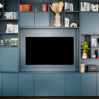 China Modern Matte Black TV Stand with Soft-Close Drawer 350-450mm Custom Plywood Lacquer Cabinet for sale