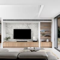 China Modern Wall Mounted TV Cabinet with Drawers Wood Grain Melamine 16mm Carcass for sale