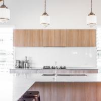 China Melamine Wood Grain Kitchen Cabinet Handless Design Custom Islands Countertop 18mm for sale