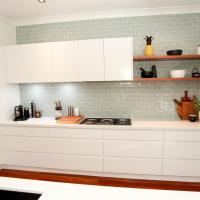 China White Melamine Handless L Shape Kitchen Island Dining Table 18mm MDF DTC Soft Close for sale