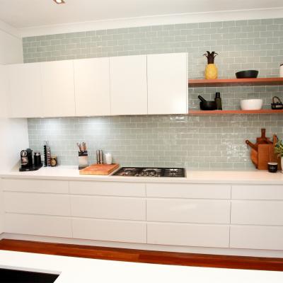 China White Melamine Handless L Shape Kitchen Island Dining Table 18mm MDF DTC Soft Close for sale