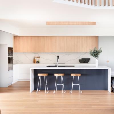 China L Shape Matte White Grey Melamine Kitchen Cabinet with LED Light 16mm MDF for sale