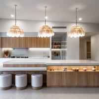 China L Shape Matte White Grey Melamine Kitchen Cabinet with LED Light 16mm MDF for sale