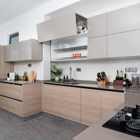 China Custom Small Glossy Grey And Wood Grain Kitchen Cabinet Melamine Board Kitchenette for sale