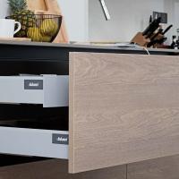 China Custom Small Glossy Grey And Wood Grain Kitchen Cabinet Melamine Board Kitchenette for sale